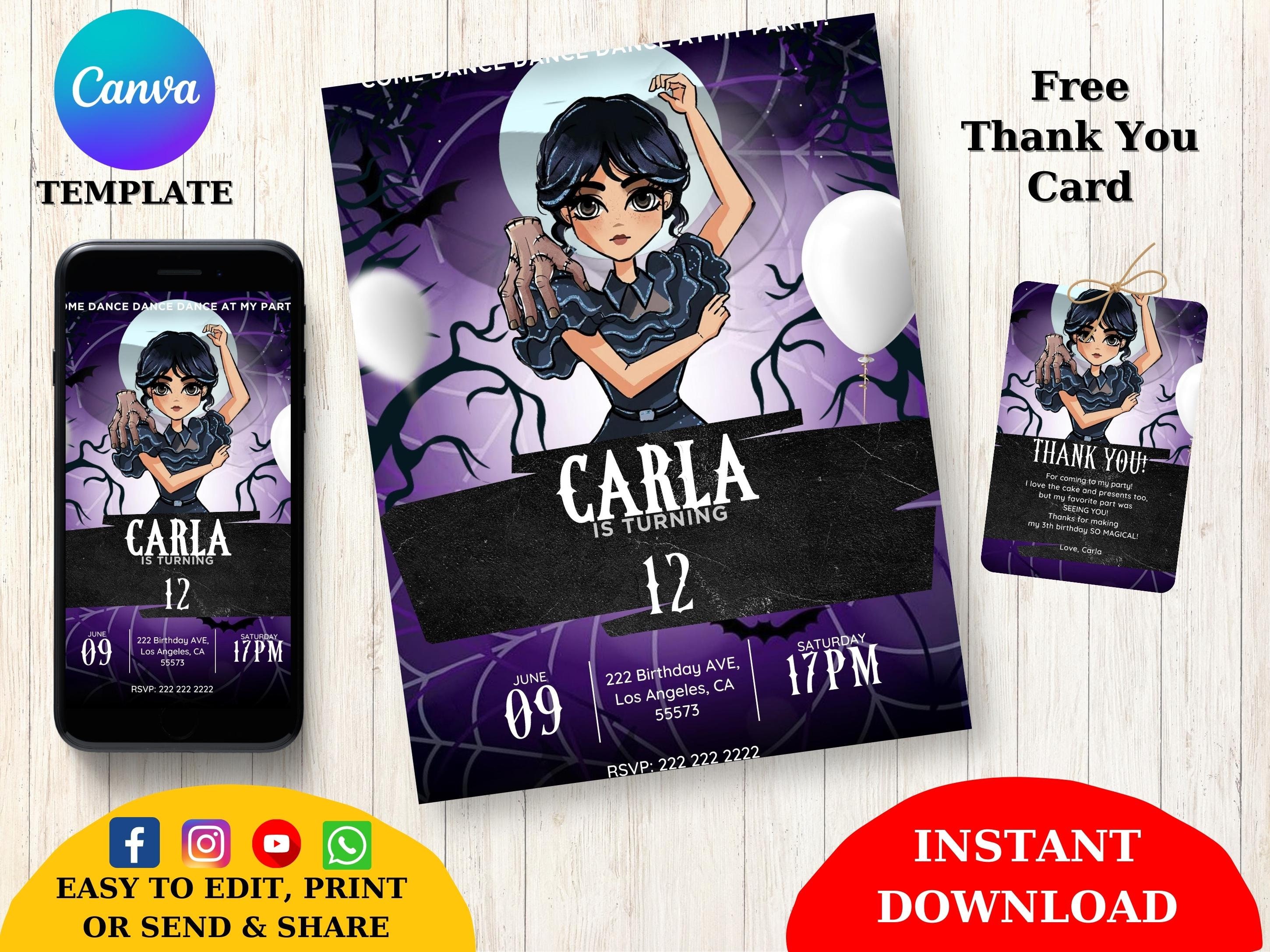 Wednesday Birthday Invitation CANVA Editable Adjustable Thank You Card ...