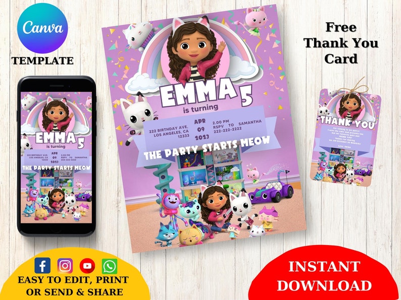 Gabby's Dollhouse Birthday Invitation CANVA Editable Adjustable Thank ...