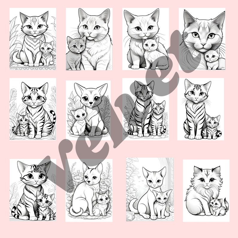 Mama Cat and Kittens Coloring Pages - Etsy