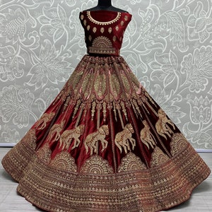 Maroon Bridal Lehenga Embroidery Work Maroon Velvet Lehenga Choli ...