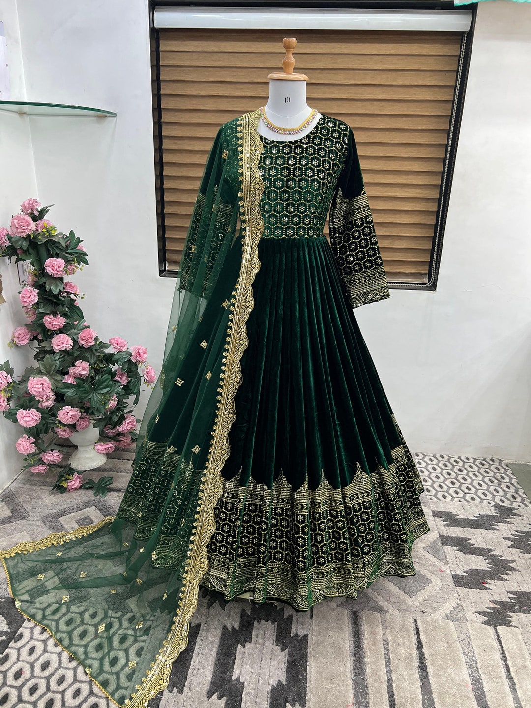 Designer Velvet Gown and Heavy Net Dupatta With Sequence - Etsy