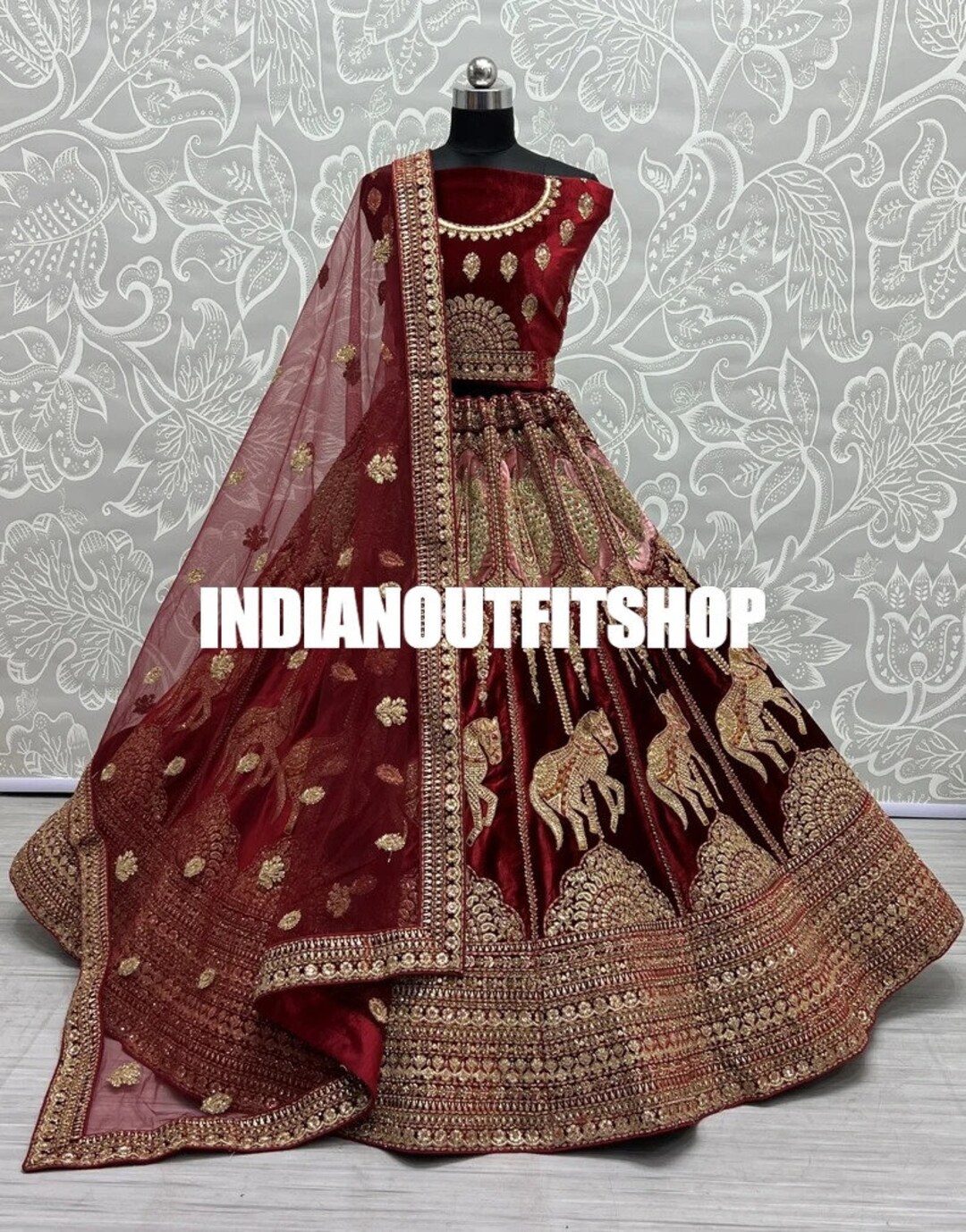 Maroon Bridal Lehenga Embroidery Work Maroon Velvet Lehenga Choli ...
