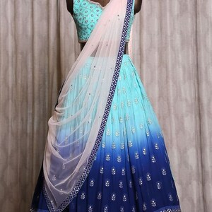 Printed Blue Georgette Lehenga Choli With Printed Embroidery Sequence ...