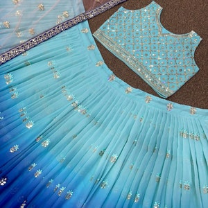 Printed Blue Georgette Lehenga Choli With Printed Embroidery Sequence ...