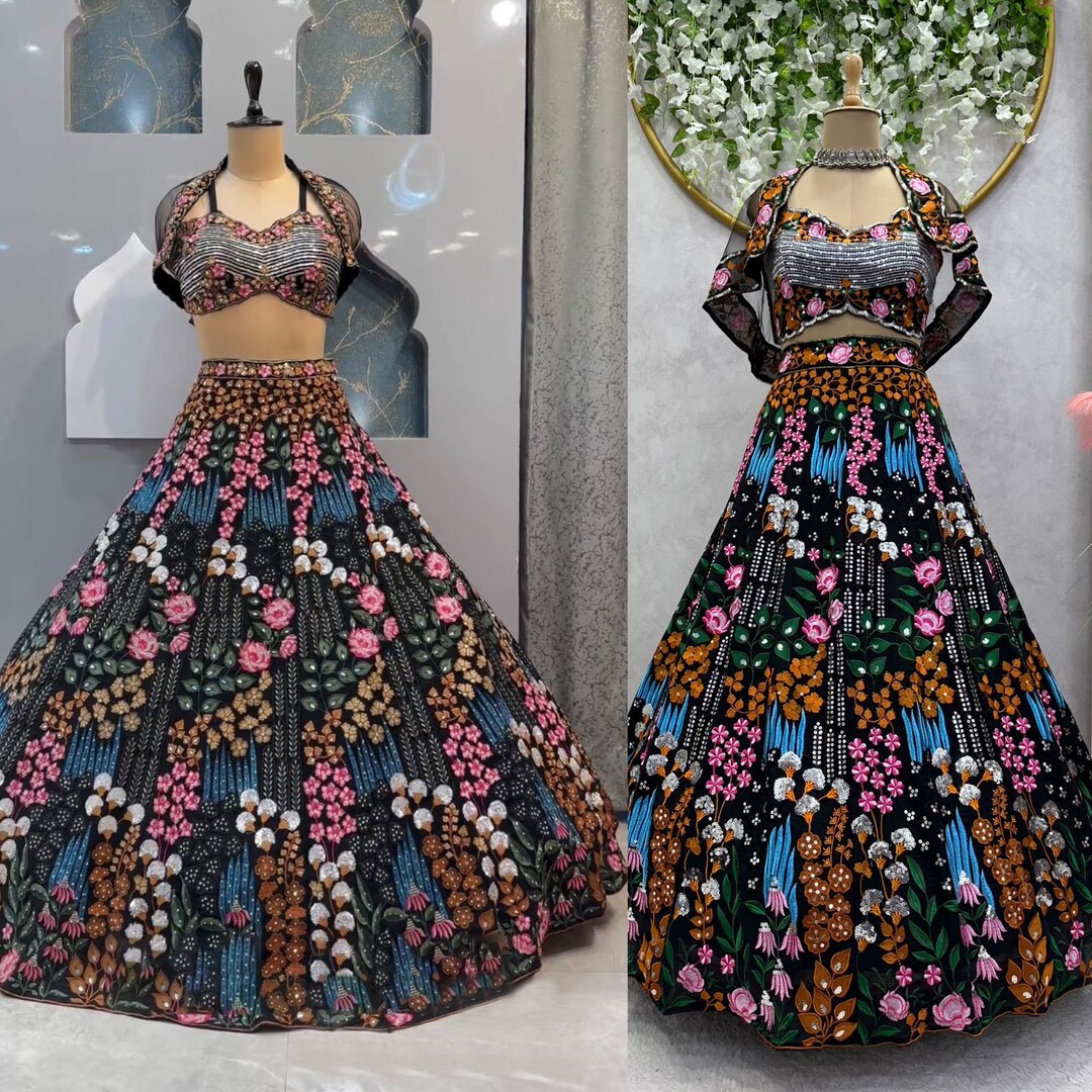Black Georgette Lehenga Choli With Embroidery Sequence Work Shoulder ...