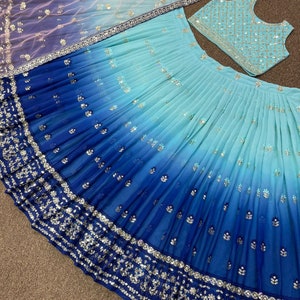 Printed Blue Georgette Lehenga Choli With Printed Embroidery Sequence ...