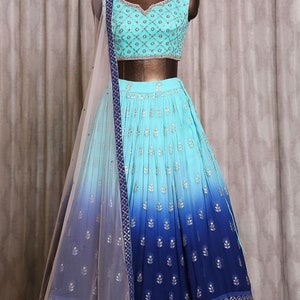 Printed Blue Georgette Lehenga Choli With Printed Embroidery Sequence ...