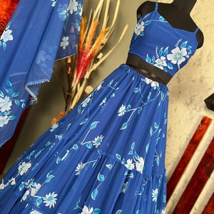 Printed Blue Georgette Lehenga Choli With Printed Floral Work and Four ...