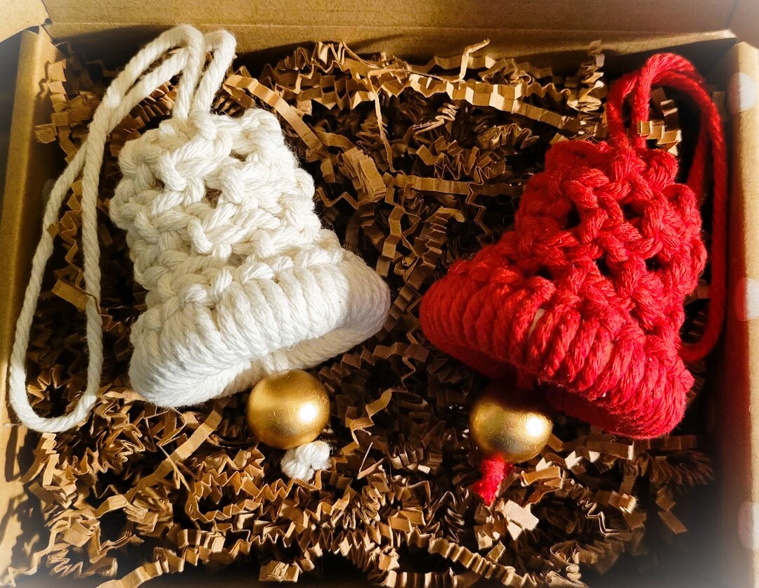 Set of 2 Jingle Bells, White and Red Jingle Bells, Macrame Jingle Bells ...