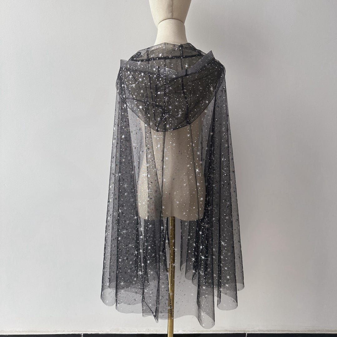 Black Tulle Cape With White Stars. Star Bridal Cape With Hood. Custom ...