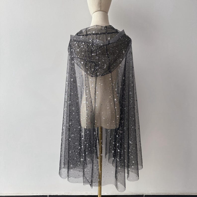 Black Tulle Cape With White Stars. Starry Bridal Cape With Hood. Custom ...