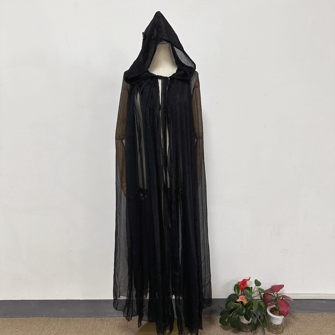 Black Chiffon Cloak. Halloween Witch Cloak With Hood. Cool Cosplay ...