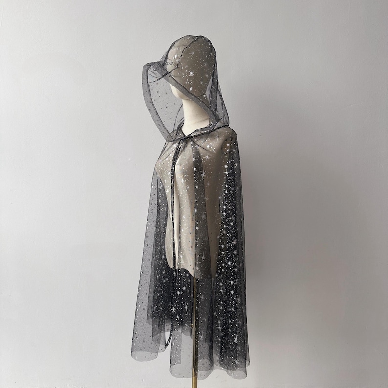 Black Tulle Cape With White Stars. Starry Bridal Cape With Hood. Custom ...