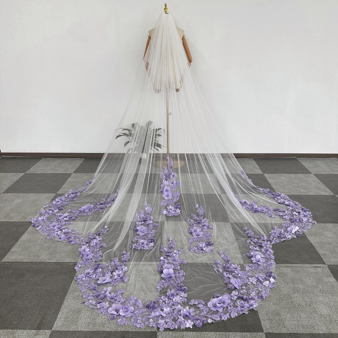 Romantic 3D Purple Flower Veil. Fairytale Veil With Rhinestones ...