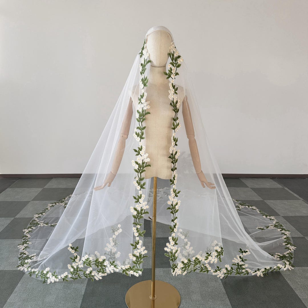 Custom Made Juliet Cap Veil, Wedding Cape With Green Leaves & White ...