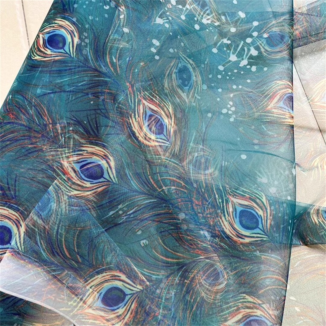 New Teal Fabric Peacock Feather Pattern Fabric for Evening Dress Veil ...
