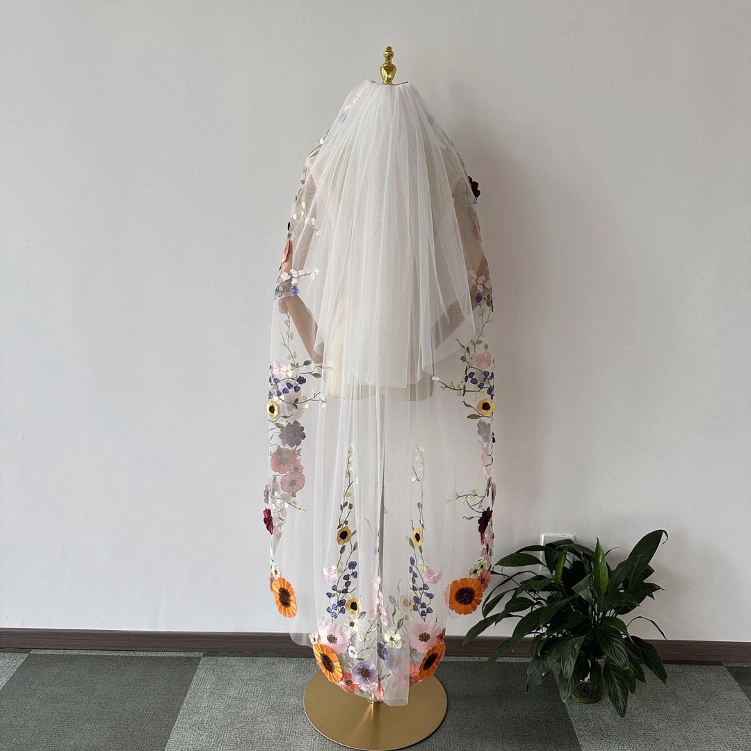 Colorful Bridal Veil With Embroidery and Blusher. Sunflower Lace Veil ...