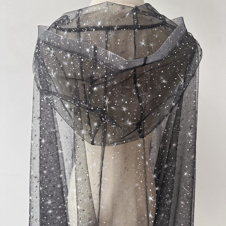 Black Tulle Cape With White Stars. Starry Bridal Cape With Hood. Custom ...