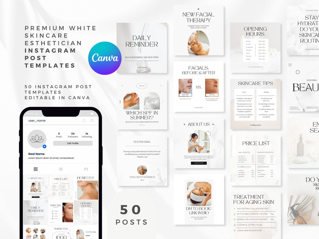 50 White Instagram Templates Esthetician Instagram Canva Skincare ...