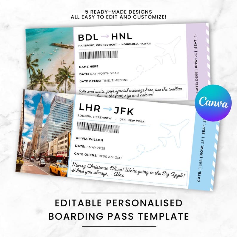 Editable Boarding Pass Template for Canva DIY Printable Airline Ticket ...
