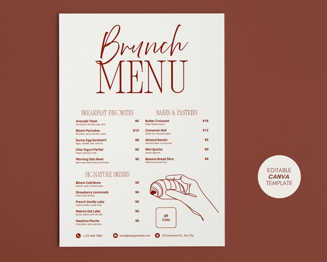 Brunch Menu Template | Editable Canva Menu | Breakfast Café Menu ...