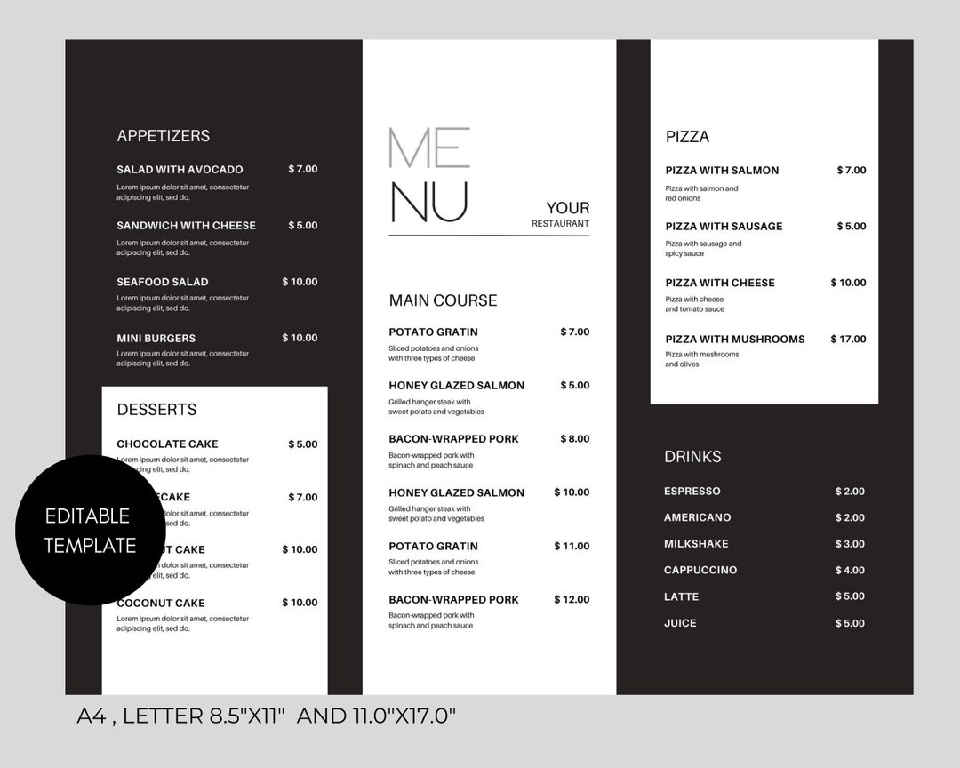 Restaurant Menu Template, Editable Food Menu Template, Restaurant Menu ...