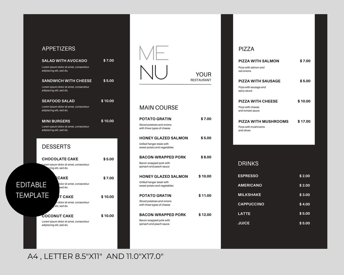 Restaurant Menu Template, Editable Food Menu Template, Restaurant Menu ...