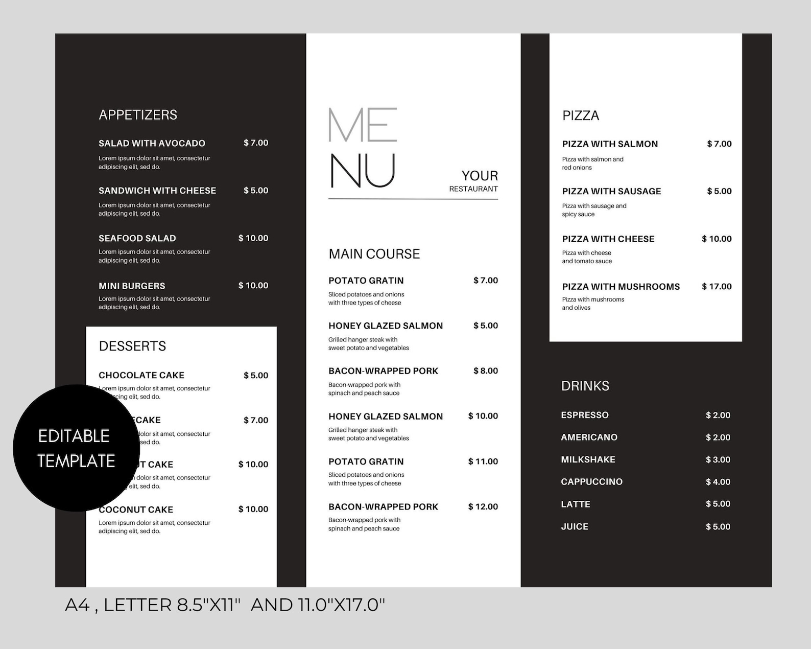 Restaurant Menu Template, Editable Food Menu Template, Restaurant Menu ...