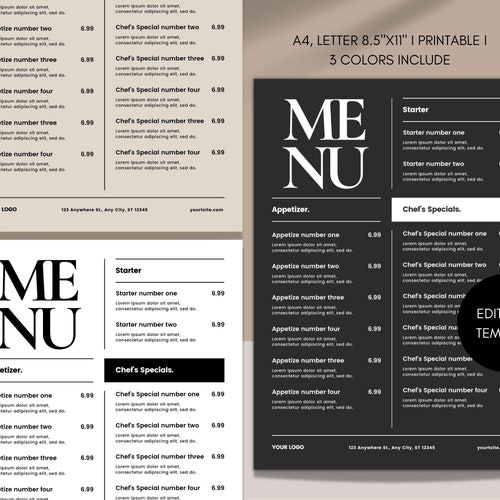 Restaurant Menu Template Food Menu Template Editable - Etsy