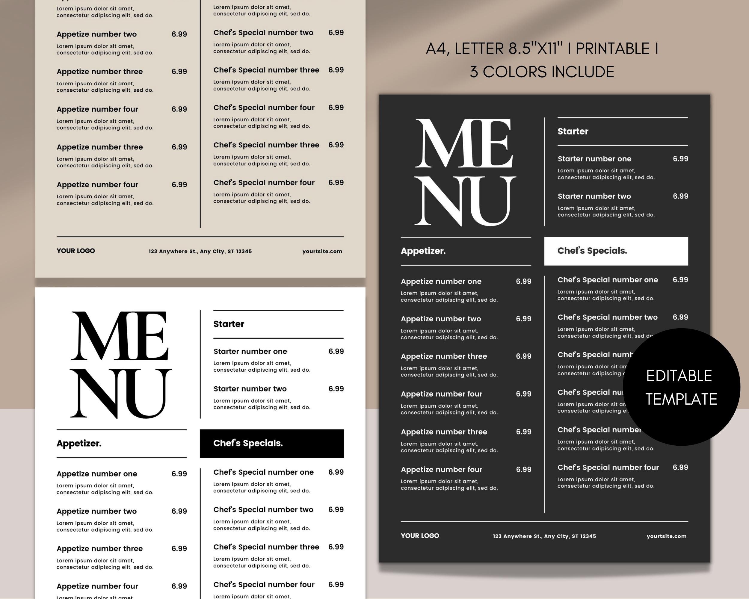 Restaurant Menu Template Editable Menu Template Restaurant Food Menu