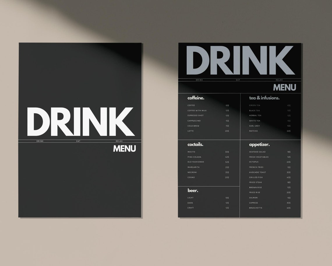 Bar Menu Template, Menu Card, Printable Menu Template, Editable Bar ...
