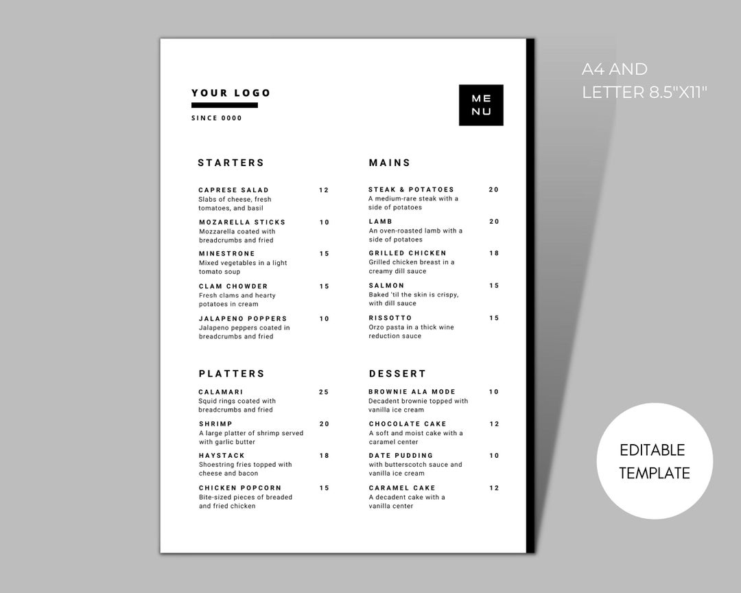 Restaurant Menu Template, Editable Food Menu Template, Restaurant Food ...