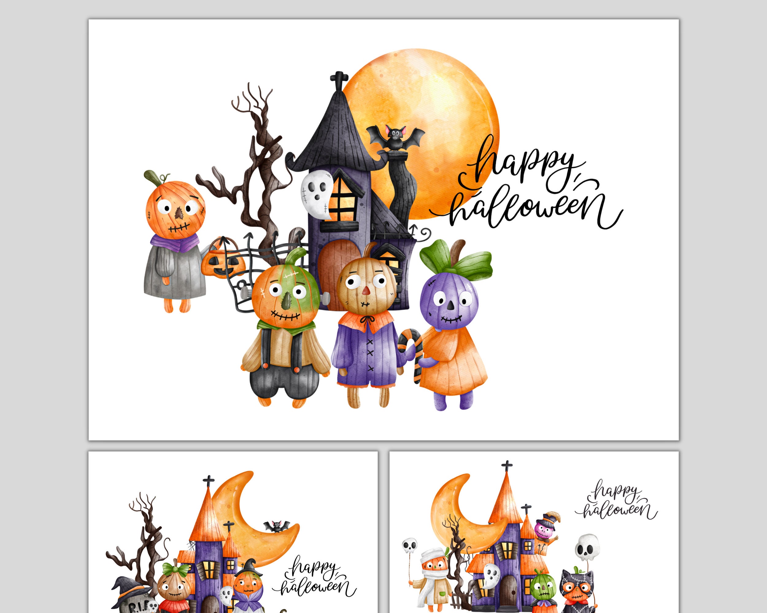 Halloween Card Printable, 8 Halloween Cards Set, Happy Halloween Card ...