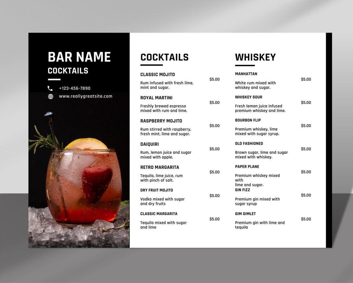 Cocktail Menu Template, Editable Drink Menu Template, Restaurant ...