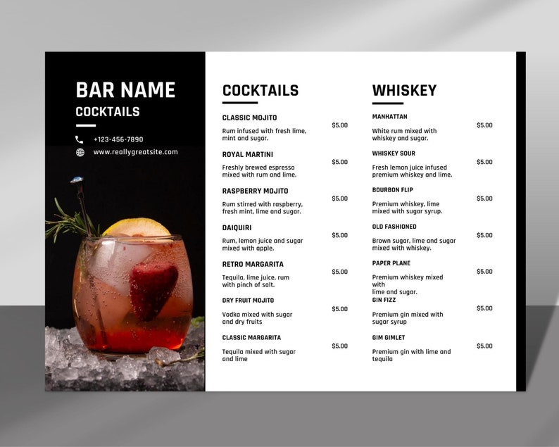 Cocktail Menu Template, Editable Drink Menu Template, Restaurant ...
