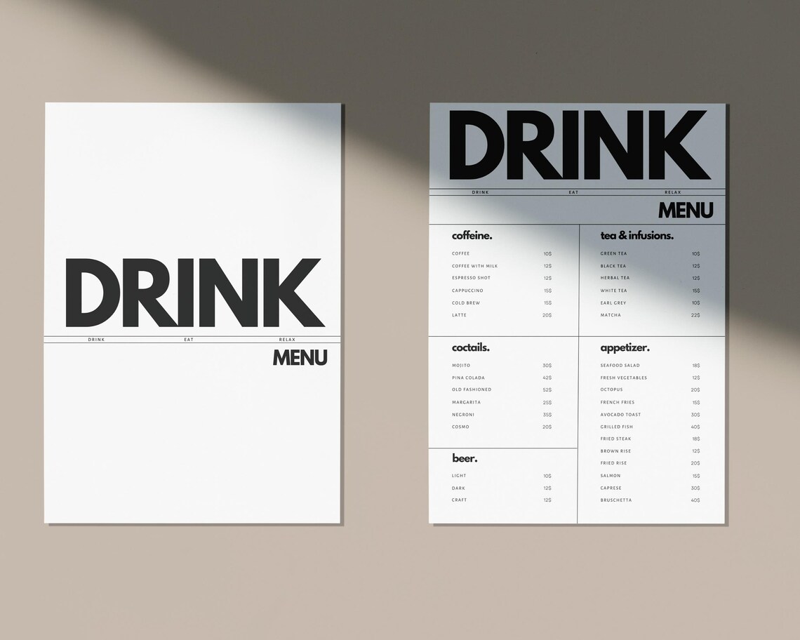 Bar Menu Template, Menu Card, Printable Menu Template, Editable Bar ...