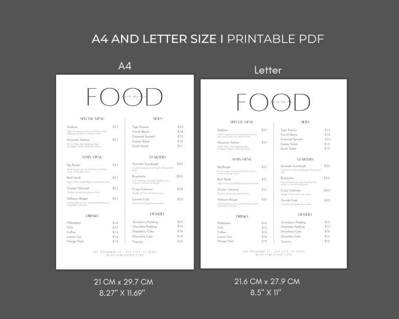 Restaurant Menu Template, Food Menu Template, Editable Restaurant Food ...