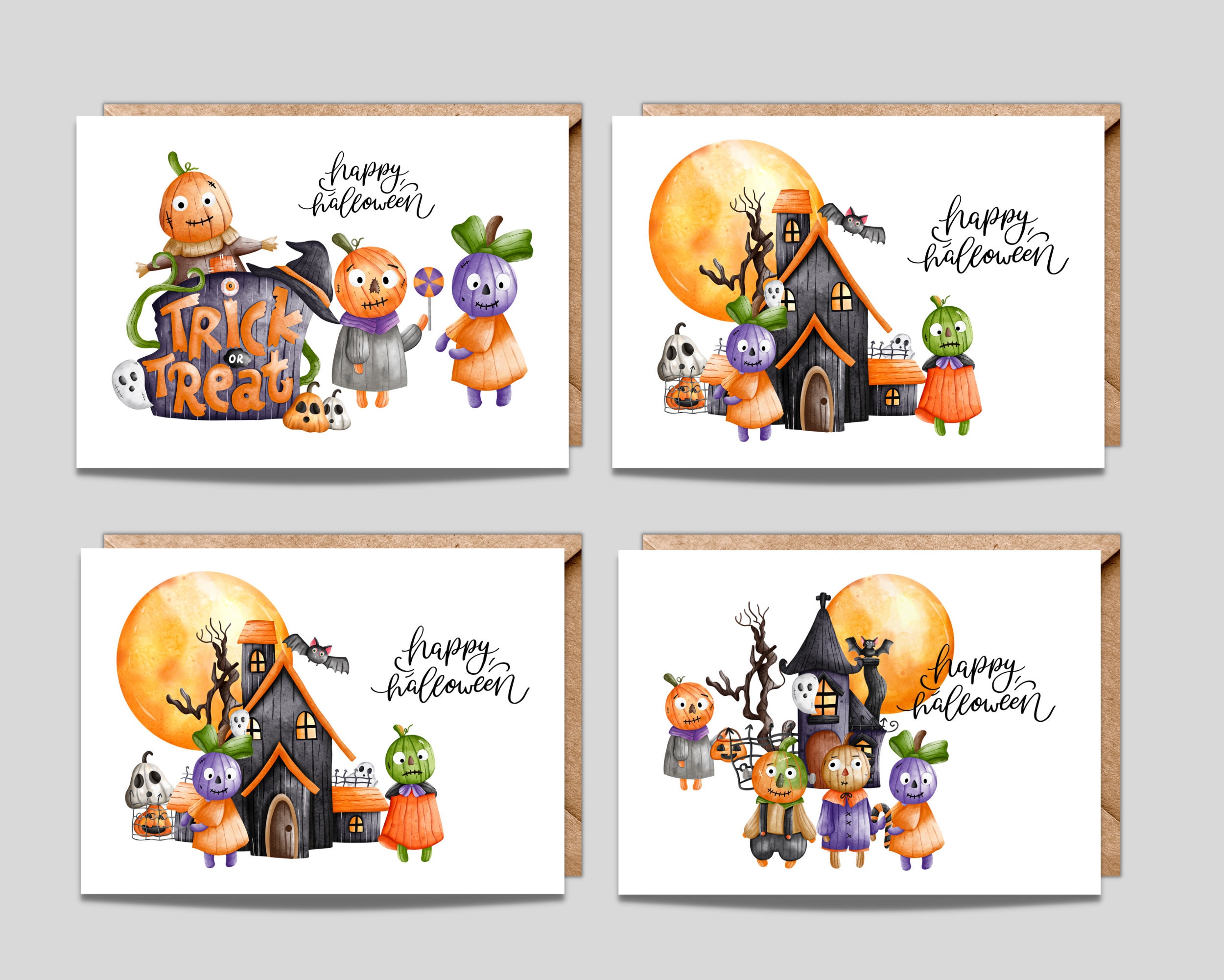 Halloween Card Printable, 8 Halloween Cards Set, Happy Halloween Card ...