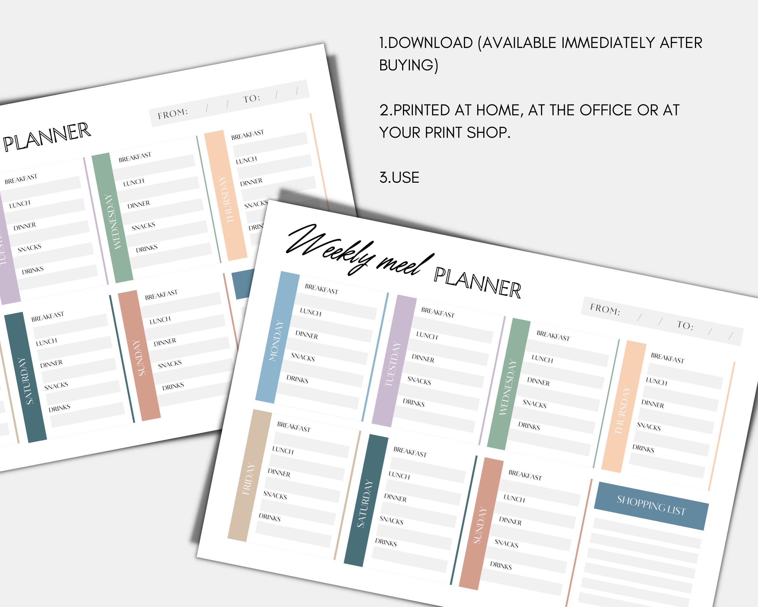 INSTANT DOWNLOAD Printable Horizontal Weekly Menu Planner and Grocery ...