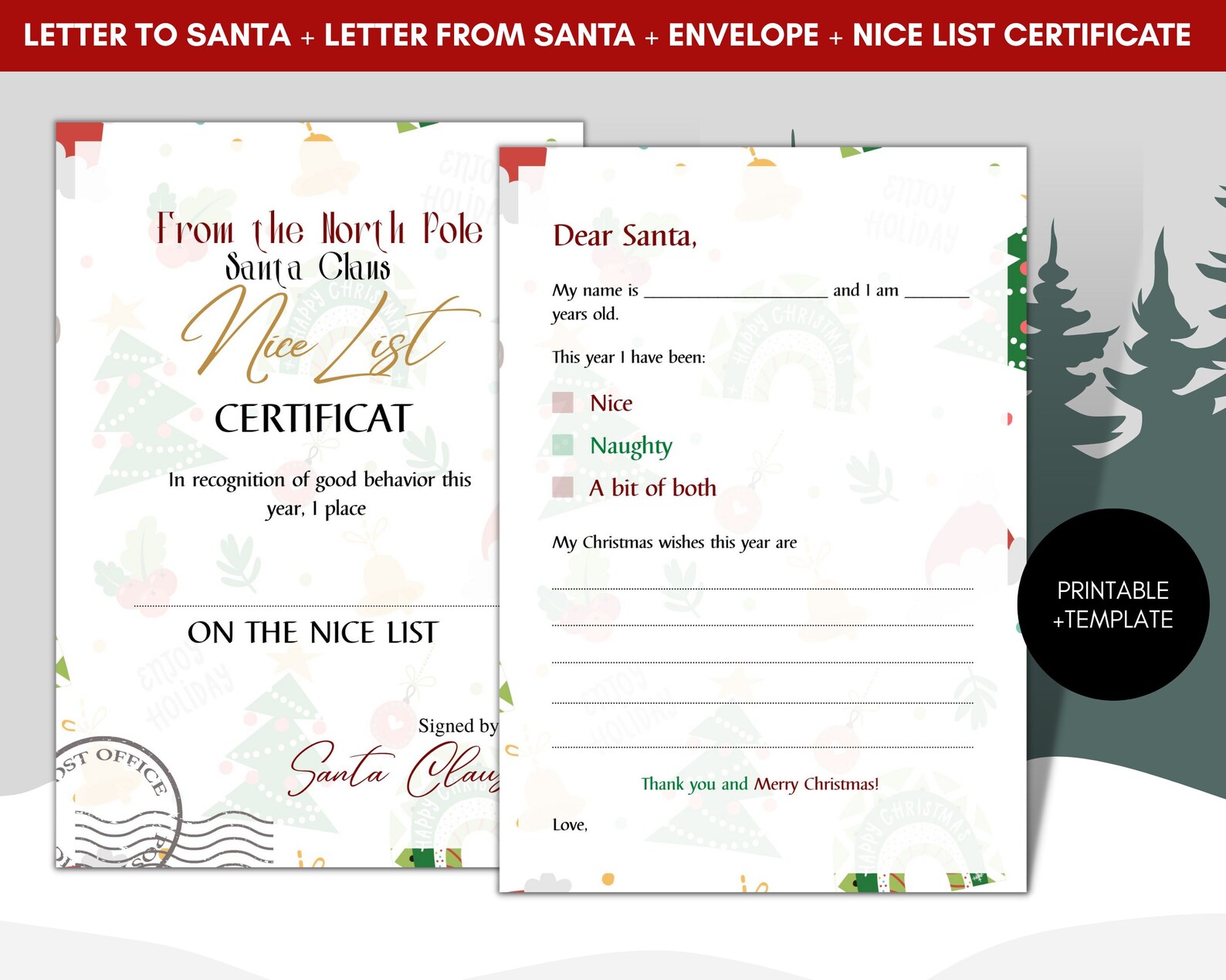 PRINTABLE Letter to Santa, Letter From Santa and Nice List Certificate ...