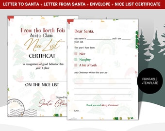 Instant Download PRINTABLE Letter to Santa Letter From Santa and Nice ...