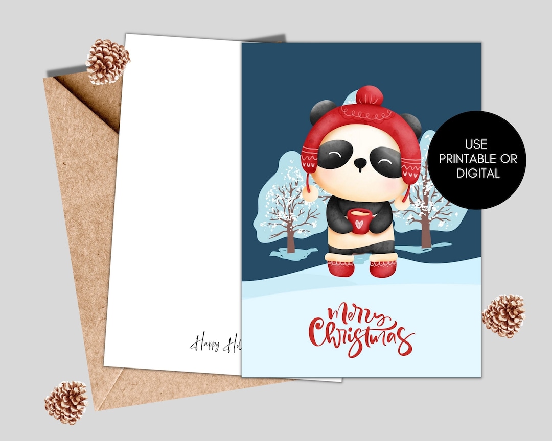 Printable Christmas Card cute Panda, Digital Christmas Card, Postcard ...