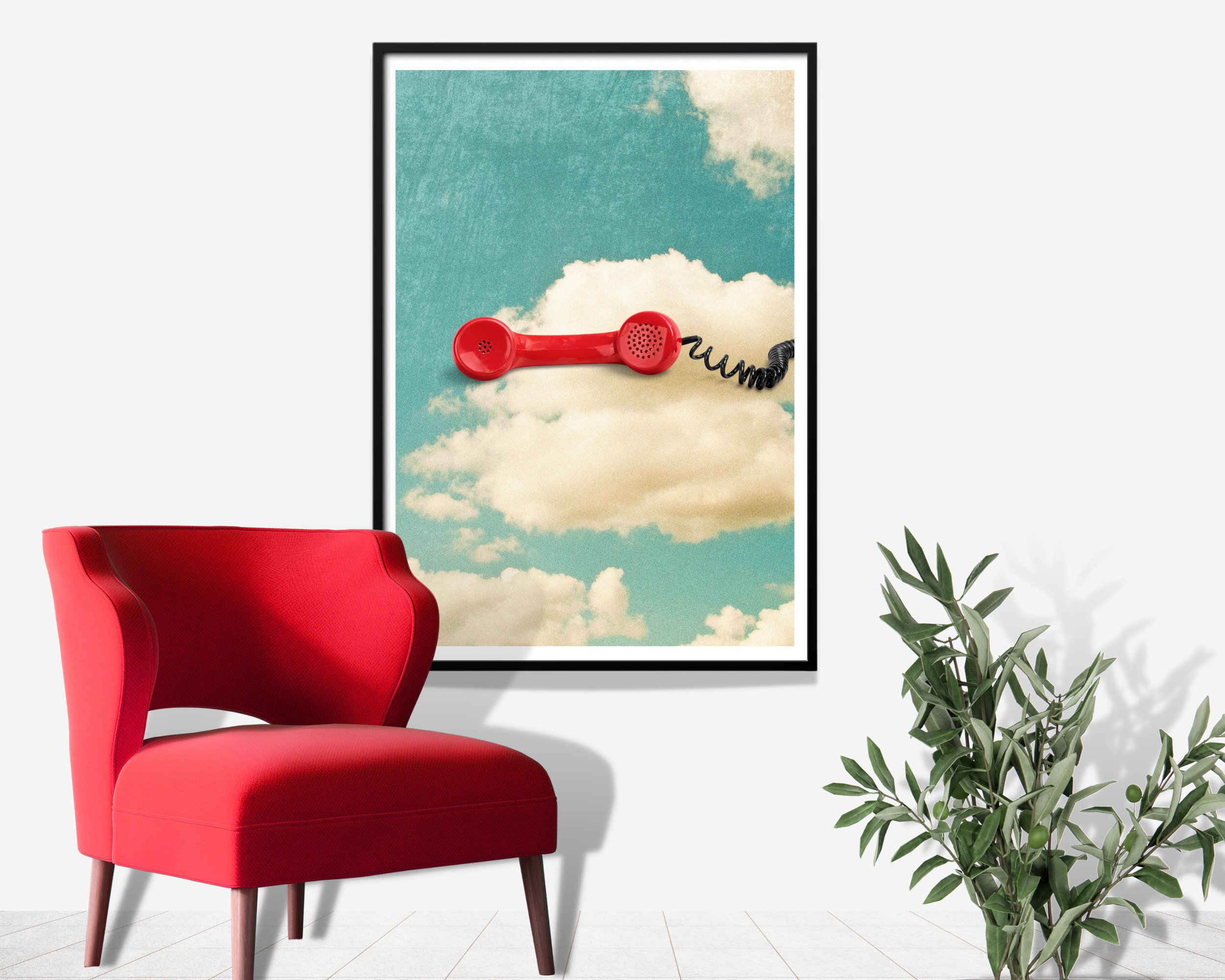 Retro Phone Wall Art, Retro Phone Poster, Red Phone and Clouds Poster ...