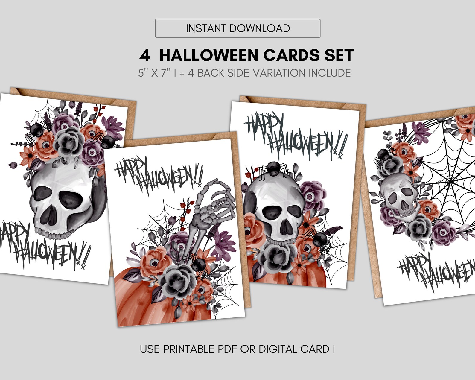 Printable Halloween Cards, Halloween 4 Cards Set, Happy Halloween Card ...