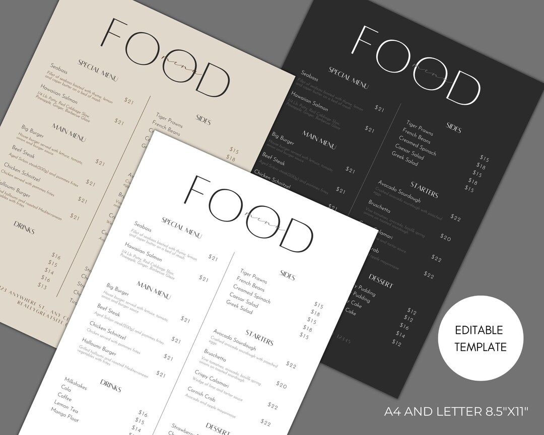 Restaurant Menu Template, Food Menu Template, Editable Restaurant Food ...
