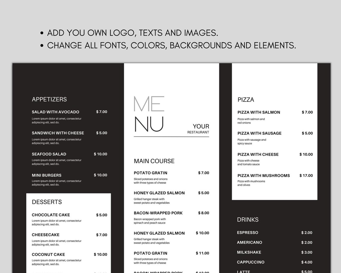 Restaurant Menu Template, Editable Food Menu Template, Restaurant Menu ...