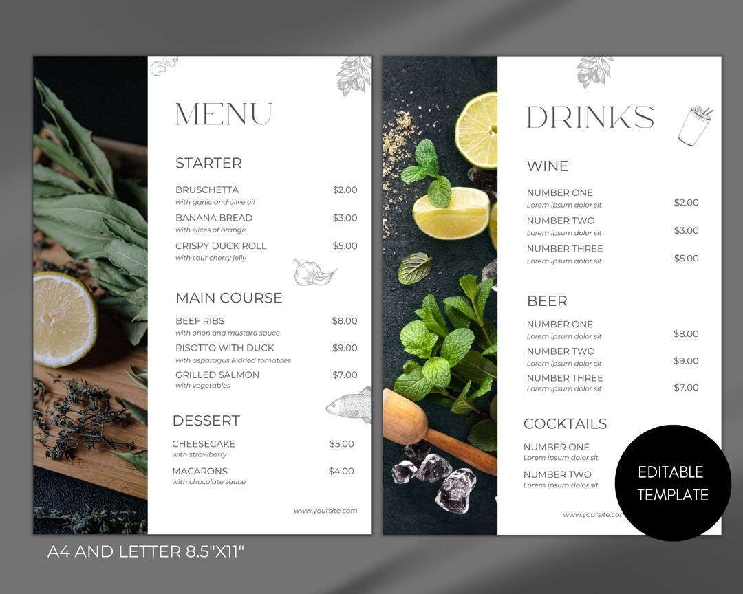 Editable Restaurant Menu Template Minimalistic Food Menu Etsy