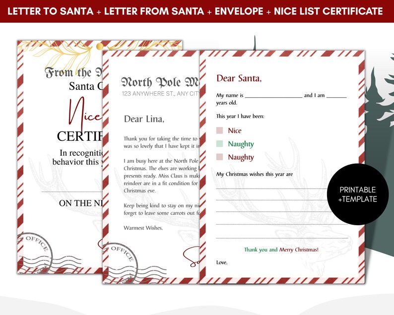 Instant Download PRINTABLE Letter to Santa Letter From Santa and Nice ...