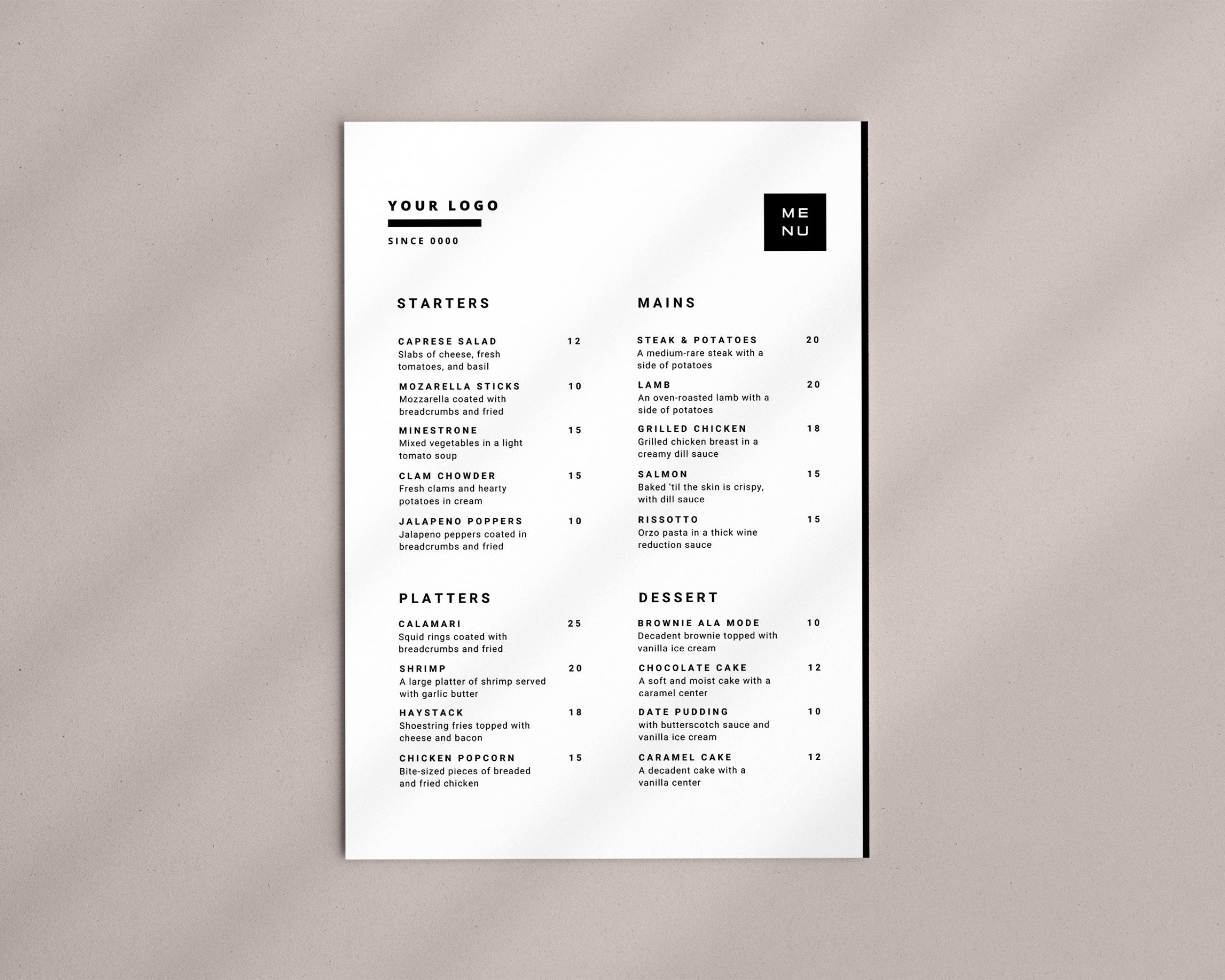 Restaurant Menu Template, Editable Food Menu Template, Restaurant Food ...