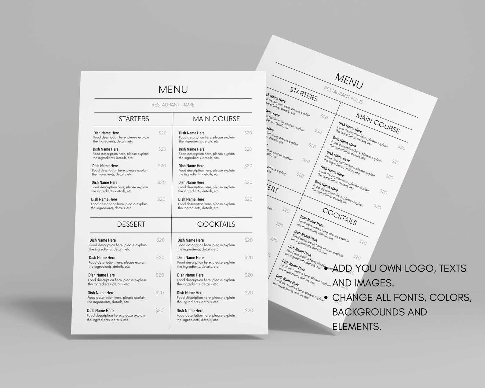 Bar Menu Template, Menu Card, Printable Restaurant Menu Template ...